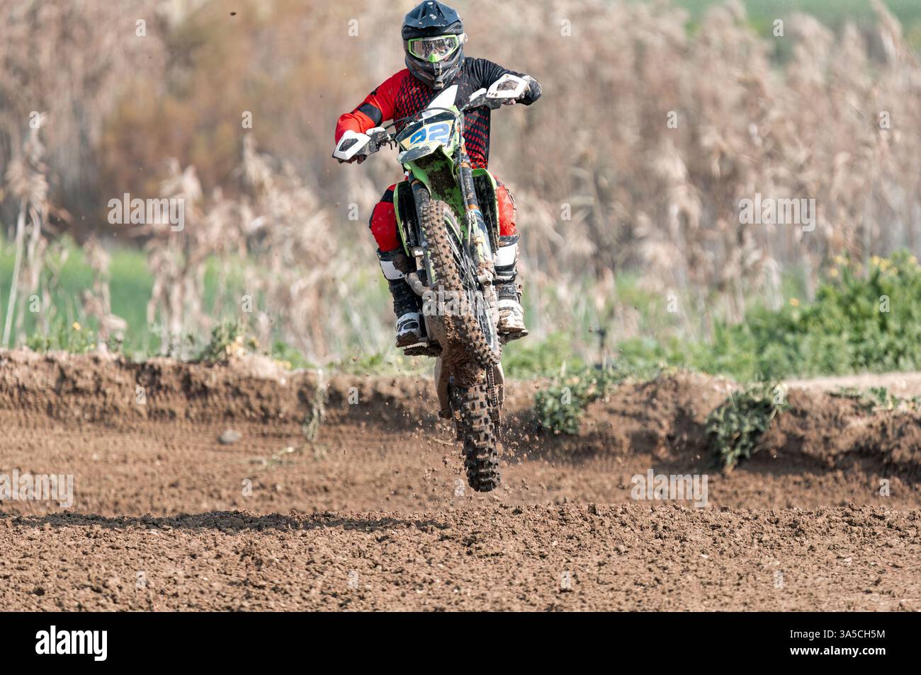 Motocross racer is performing a stunt by lifting the front wheel of his ...