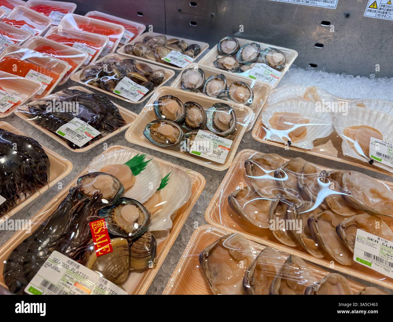 Assortment of packaged seafood displayed on ice. Variety of fresh ...