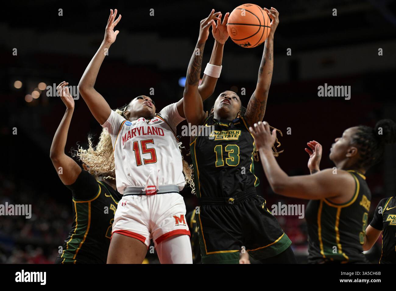 Maryland forward Christina Dalce (15) and Norfolk State forward Skye ...
