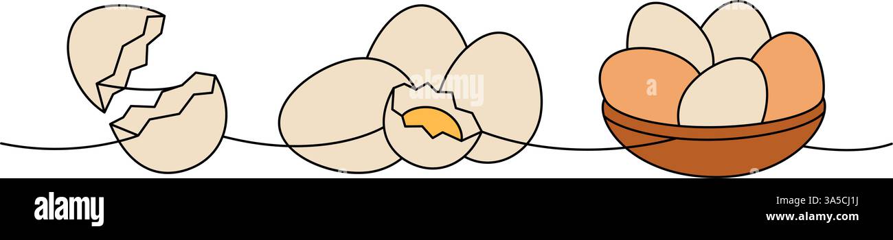 Set of chicken eggs one line colored continuous drawing. Boiled eggs ...