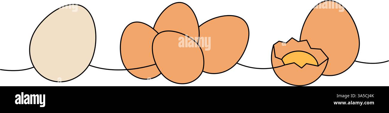 Set of fresh eggs one line colored continuous drawing. Boiled eggs ...