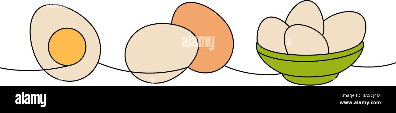 Set of raw eggs one line colored continuous drawing. Boiled eggs ...