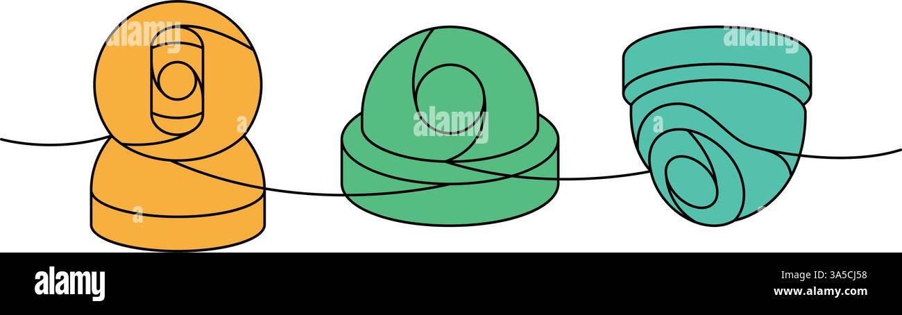 Security video cameras one line colored continuous drawing. External ...