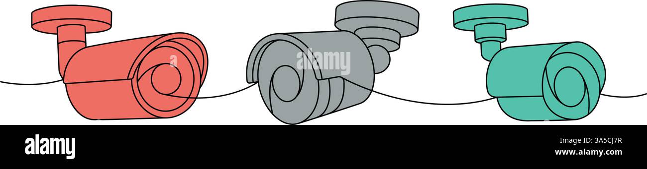 Security cameras one line colored continuous drawing. External ...
