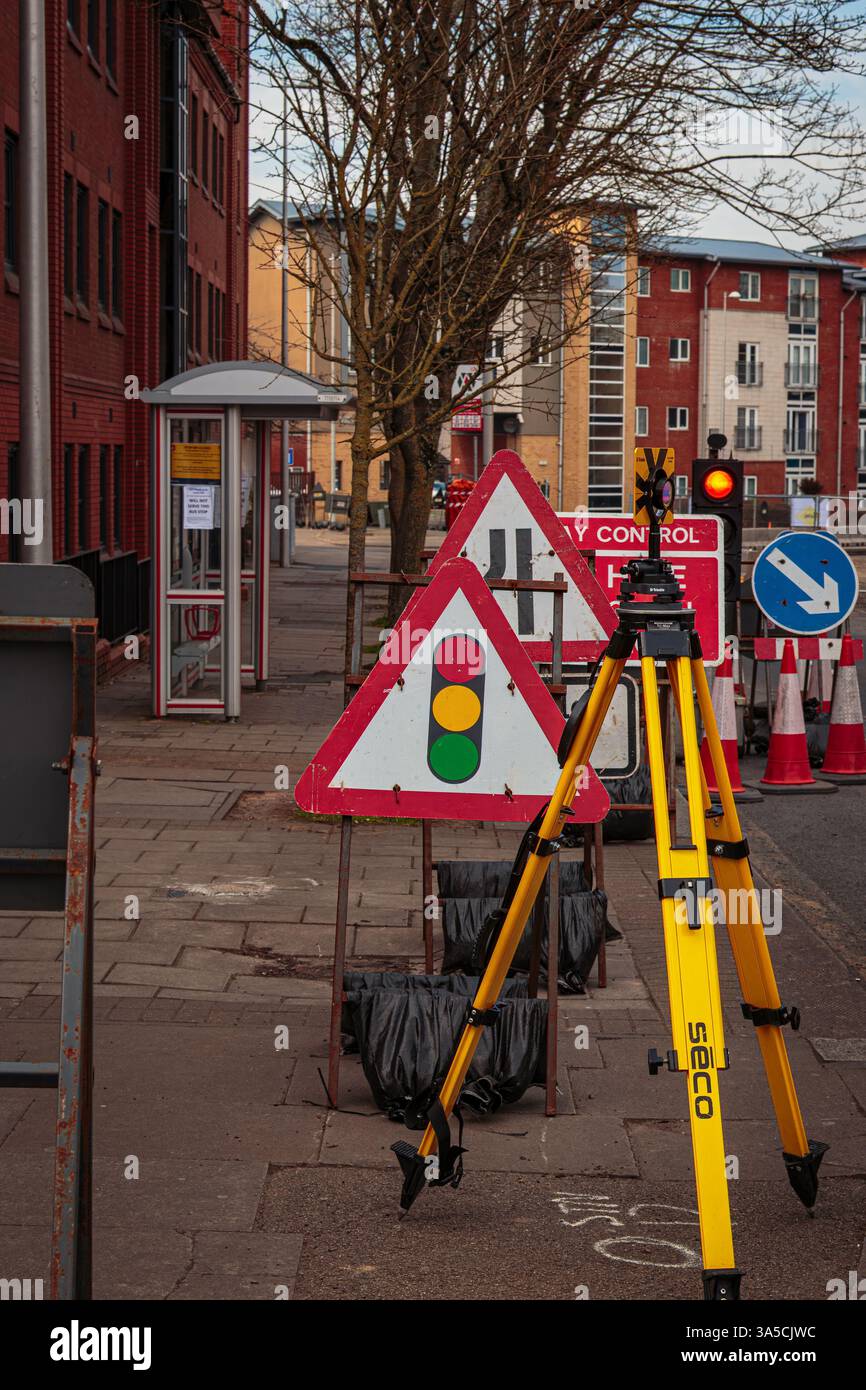 Road Works, Temporary Traffic Lights and direction signs Stock Photo ...