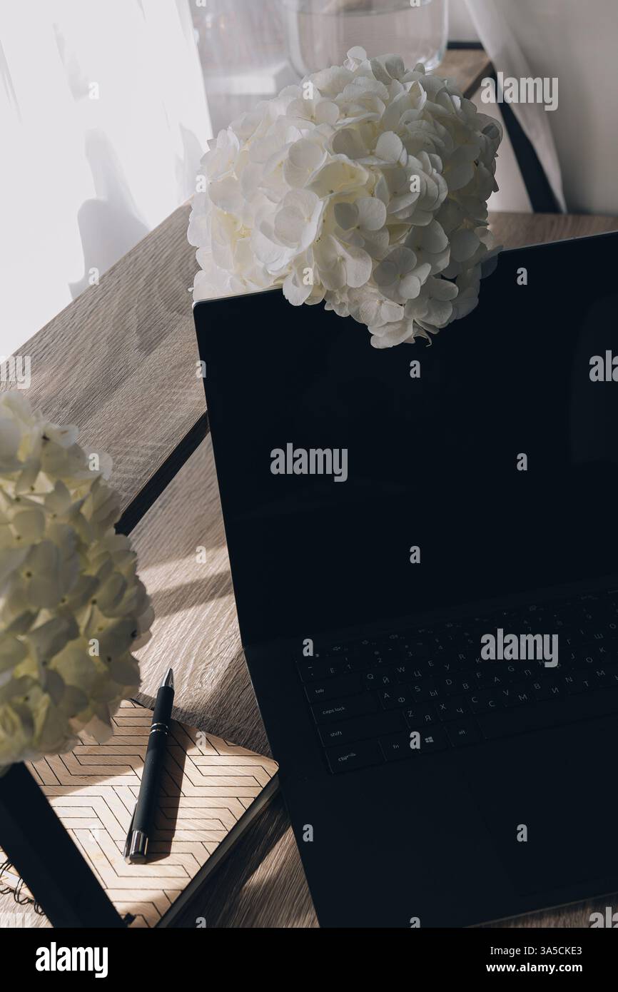 Home office concept. Assigned work from home. A woman's workspace with ...