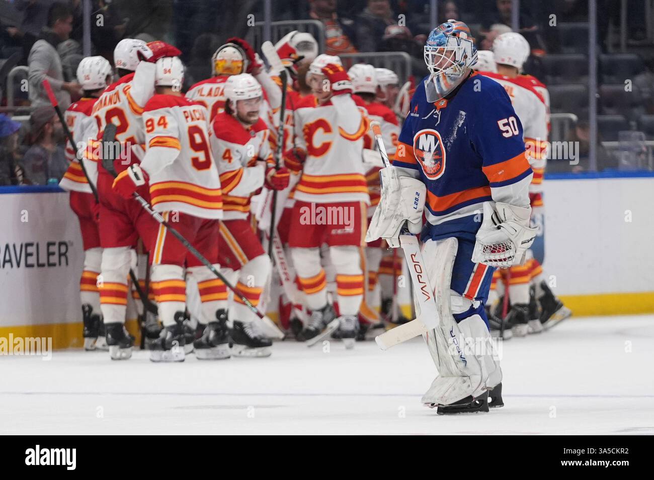 New York Islanders goaltender Marcus Hogberg (50) leaves the ice as the ...