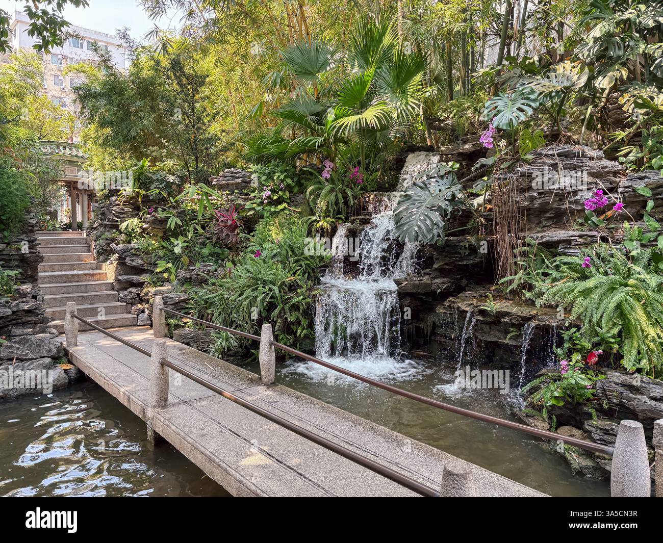 Decorative waterfall feature in the garden of a Guangzhou Chinese ...