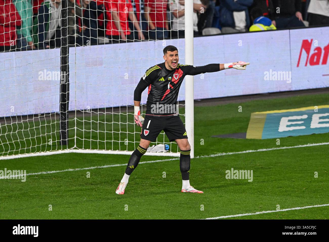 CARDIFF, UK. 22nd Mar, 2025. Wales' goalkeeper Karl Darlow gives his ...