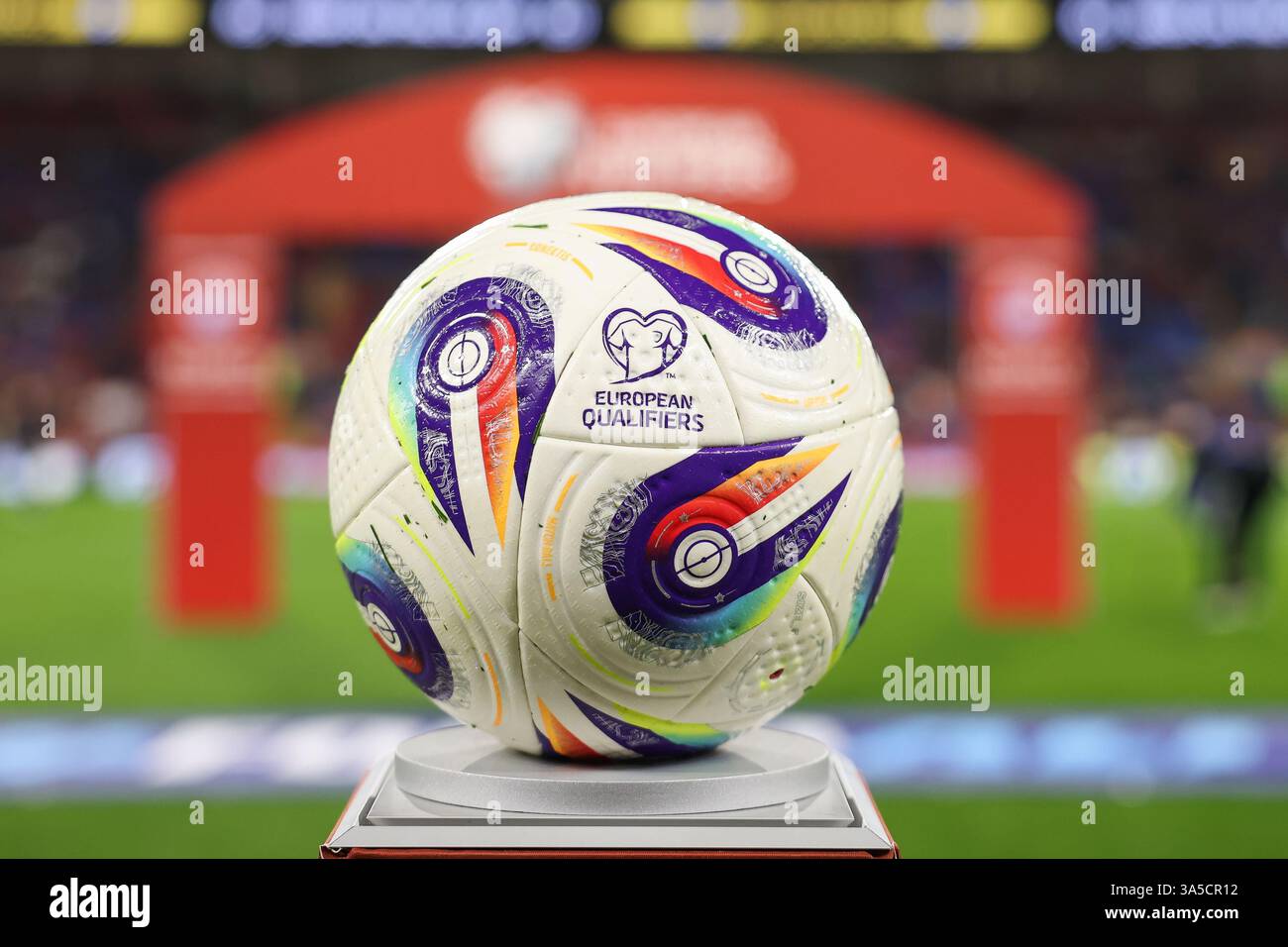 CARDIFF, UK. 22nd Mar, 2025. Match ball for the 2026 FIFA World Cup ...