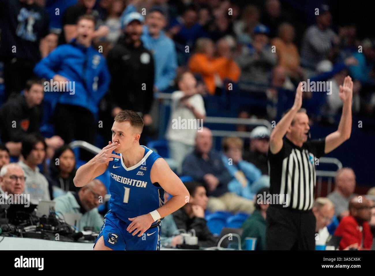 Creighton guard Steven Ashworth (1) celebrates scoring during the first ...