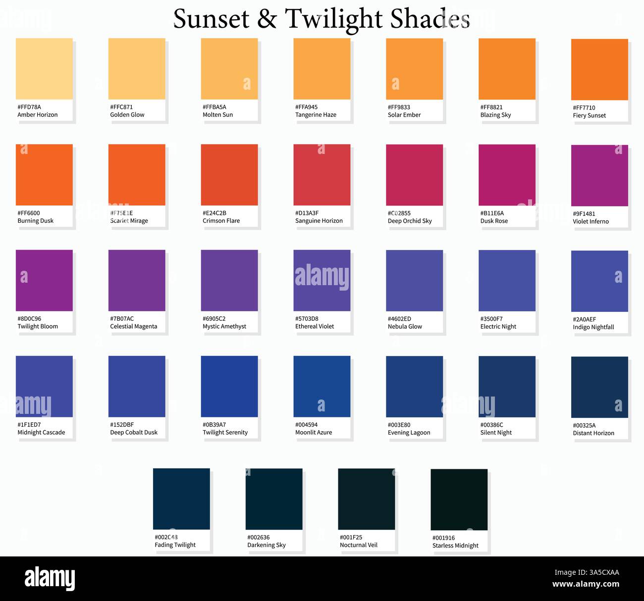 Color Swatches 32 Sunset and Twilight Shades - 3d Light, Orange, Pink ...