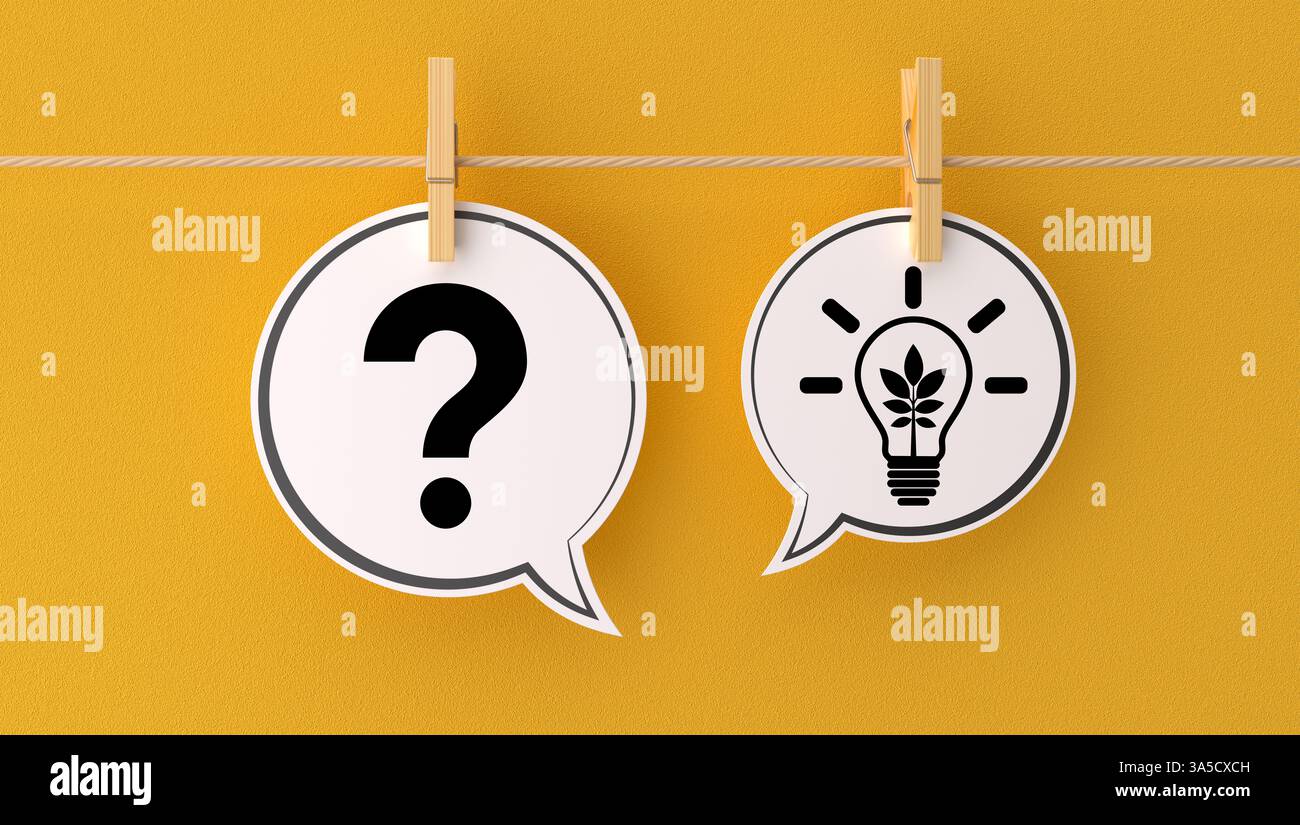 Question mark and light bulb on a speech balloon attached by string ...