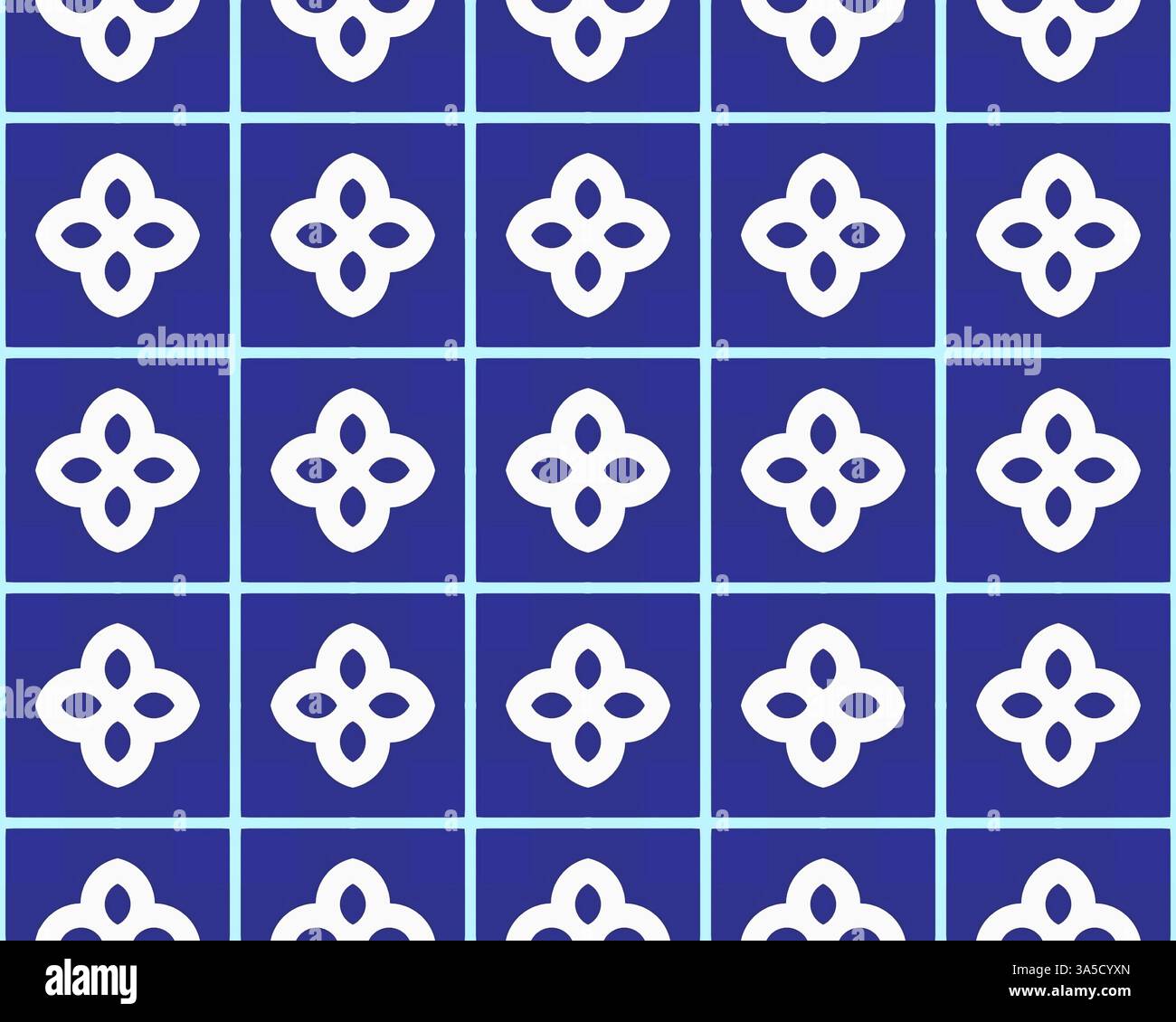 Seamless geometric pattern with white floral motifs on a blue grid ...
