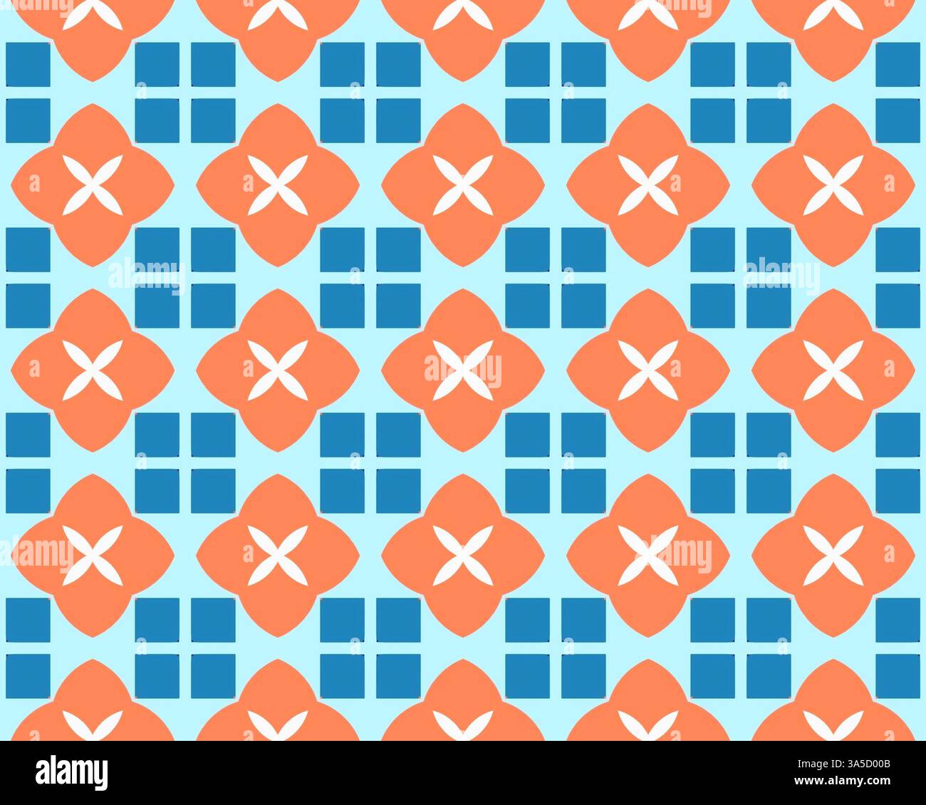 A seamless geometric pattern featuring orange floral shapes and blue ...