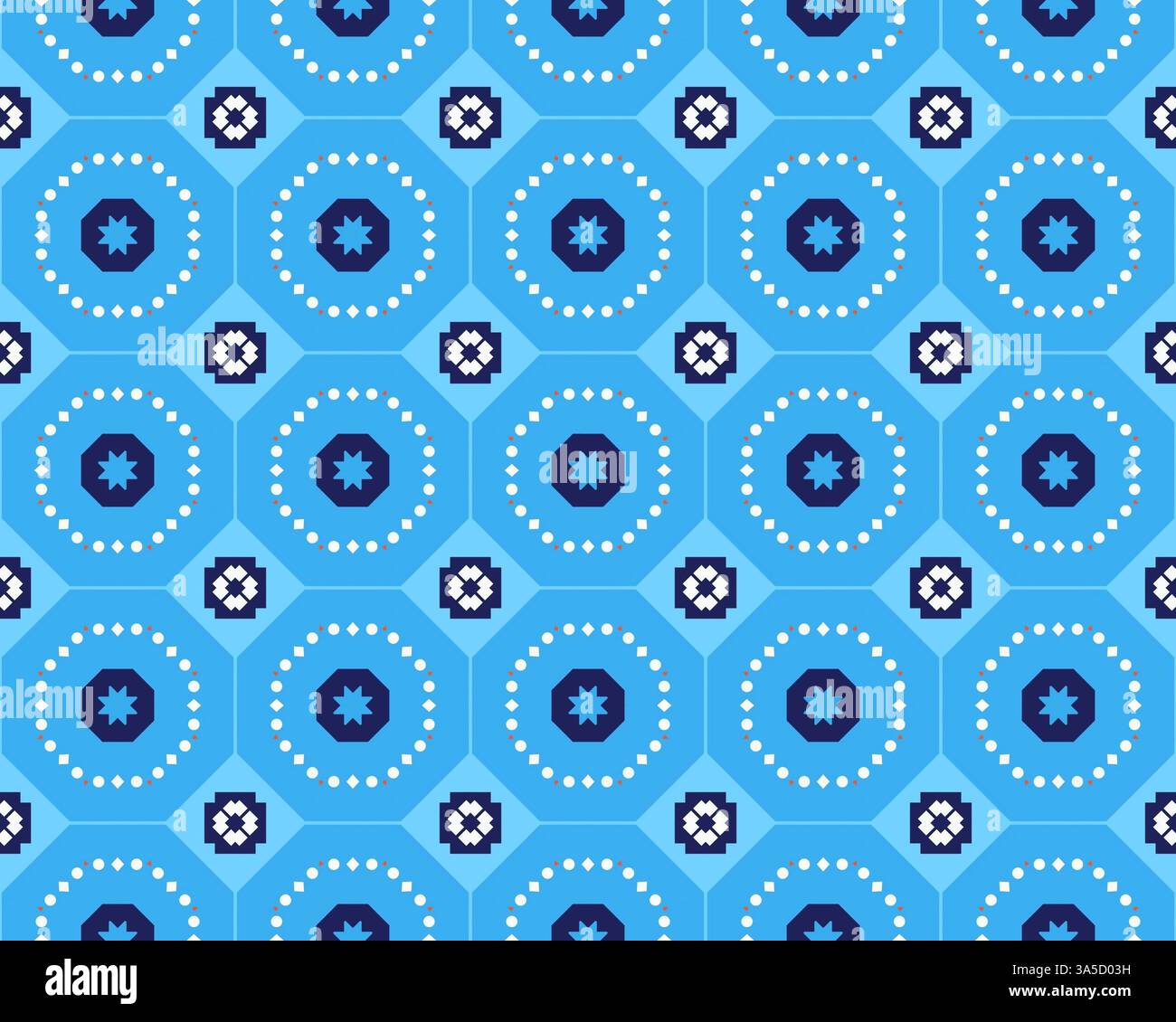 A seamless geometric pattern featuring blue hexagons and circular ...
