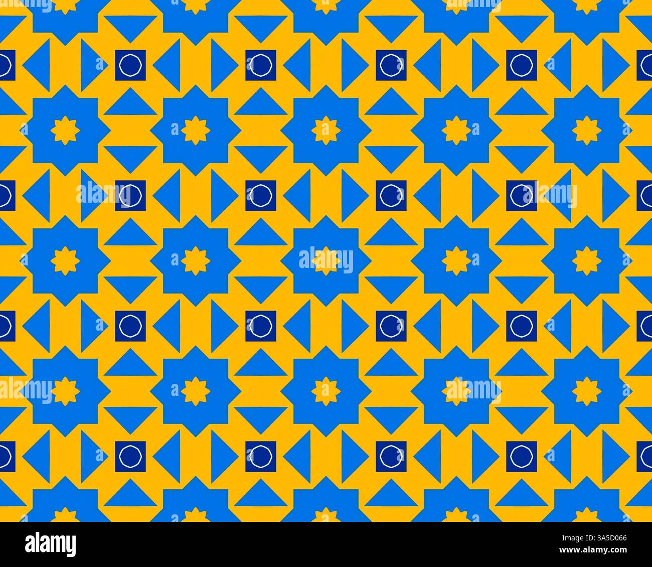 This seamless pattern showcases vibrant blue and yellow geometric ...