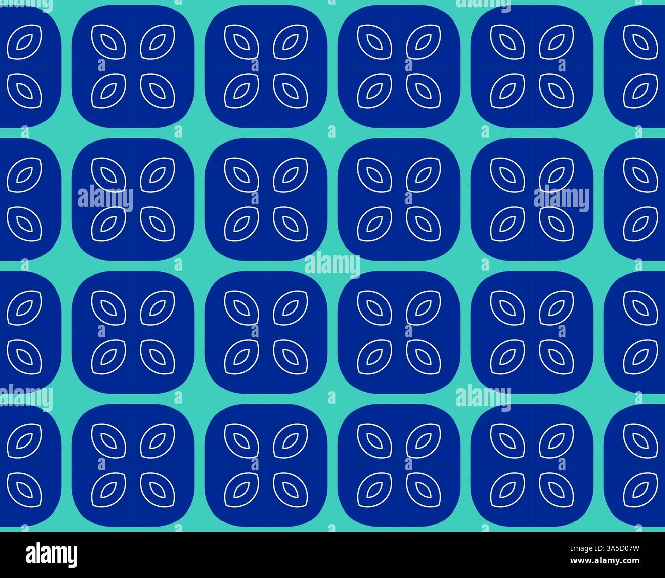 A seamless geometric pattern with blue rounded squares on a teal ...