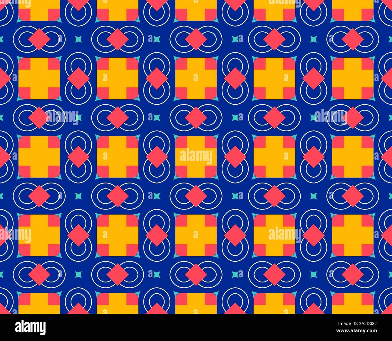 A vibrant geometric pattern featuring yellow squares and red circles on ...