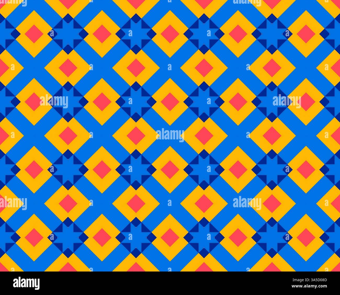 A vibrant seamless pattern of blue, yellow, and red geometric shapes ...