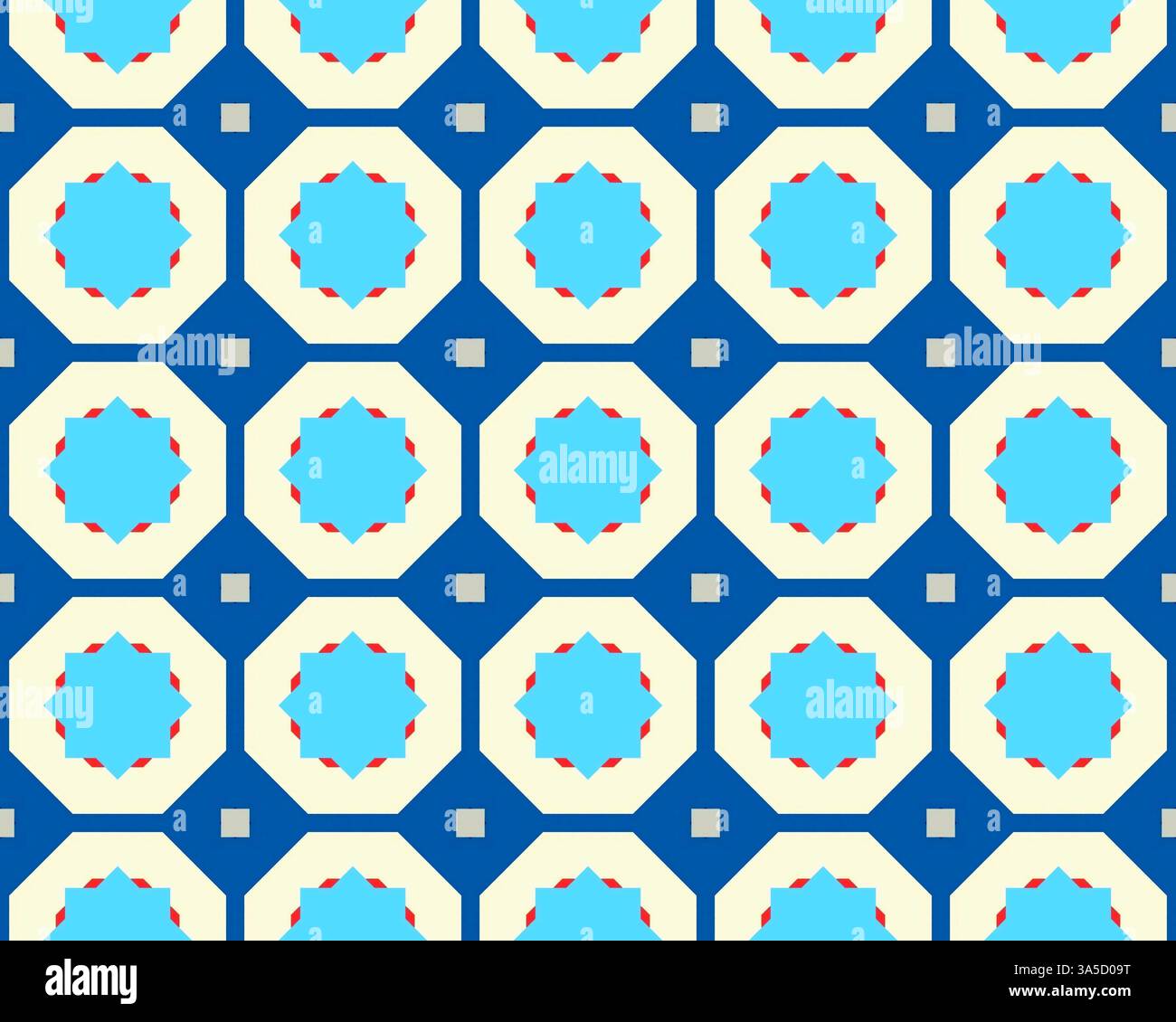 A vibrant seamless pattern showcases blue stars surrounded by octagonal ...