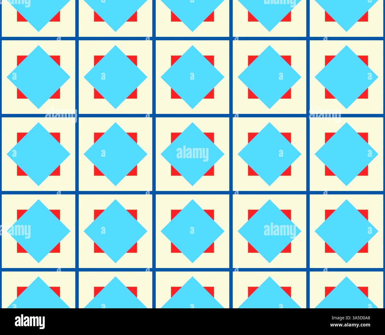 This seamless pattern showcases vibrant blue diamonds and red squares arranged evenly, creating ...