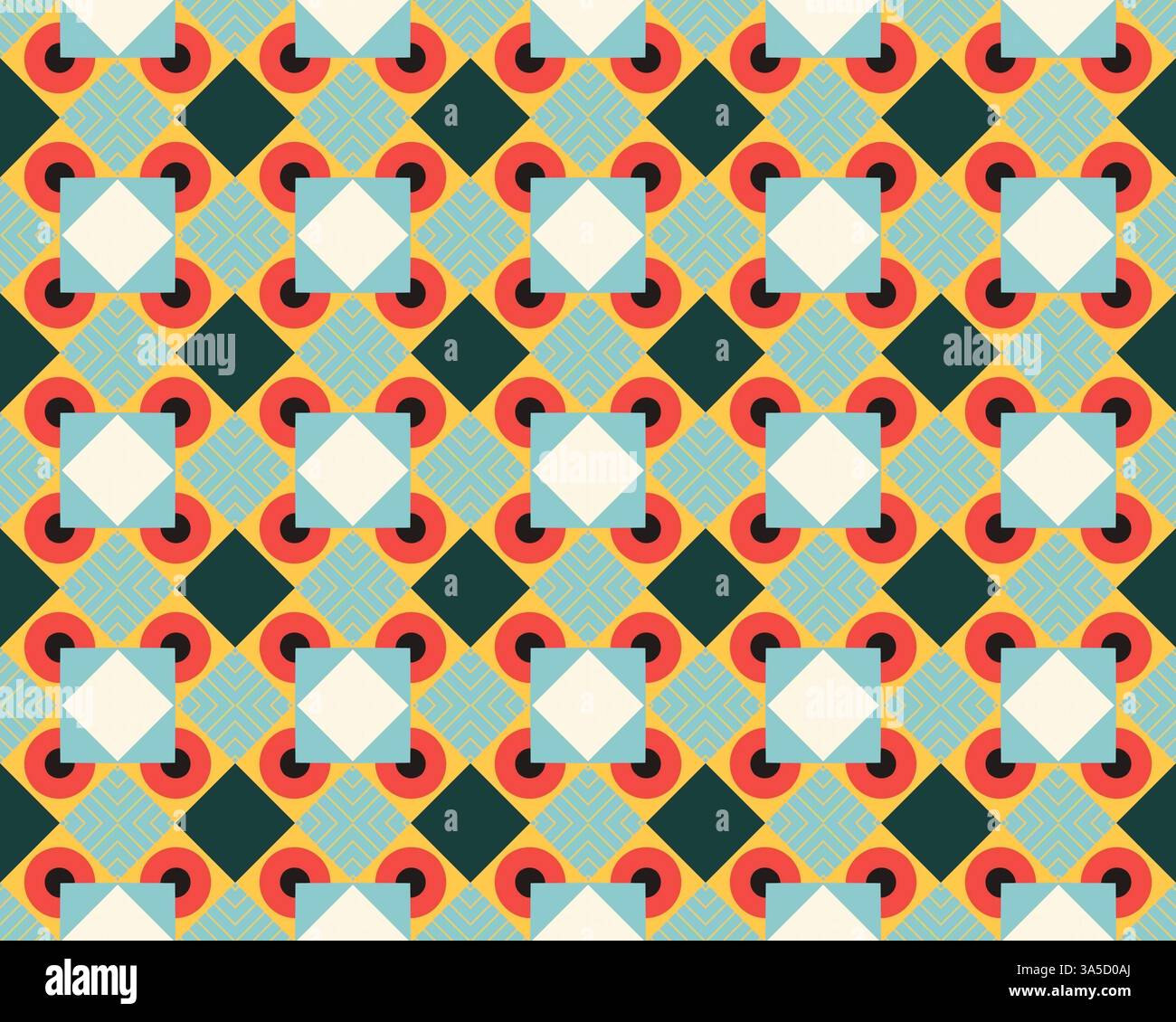 This vibrant seamless pattern features geometric shapes and intricate ...