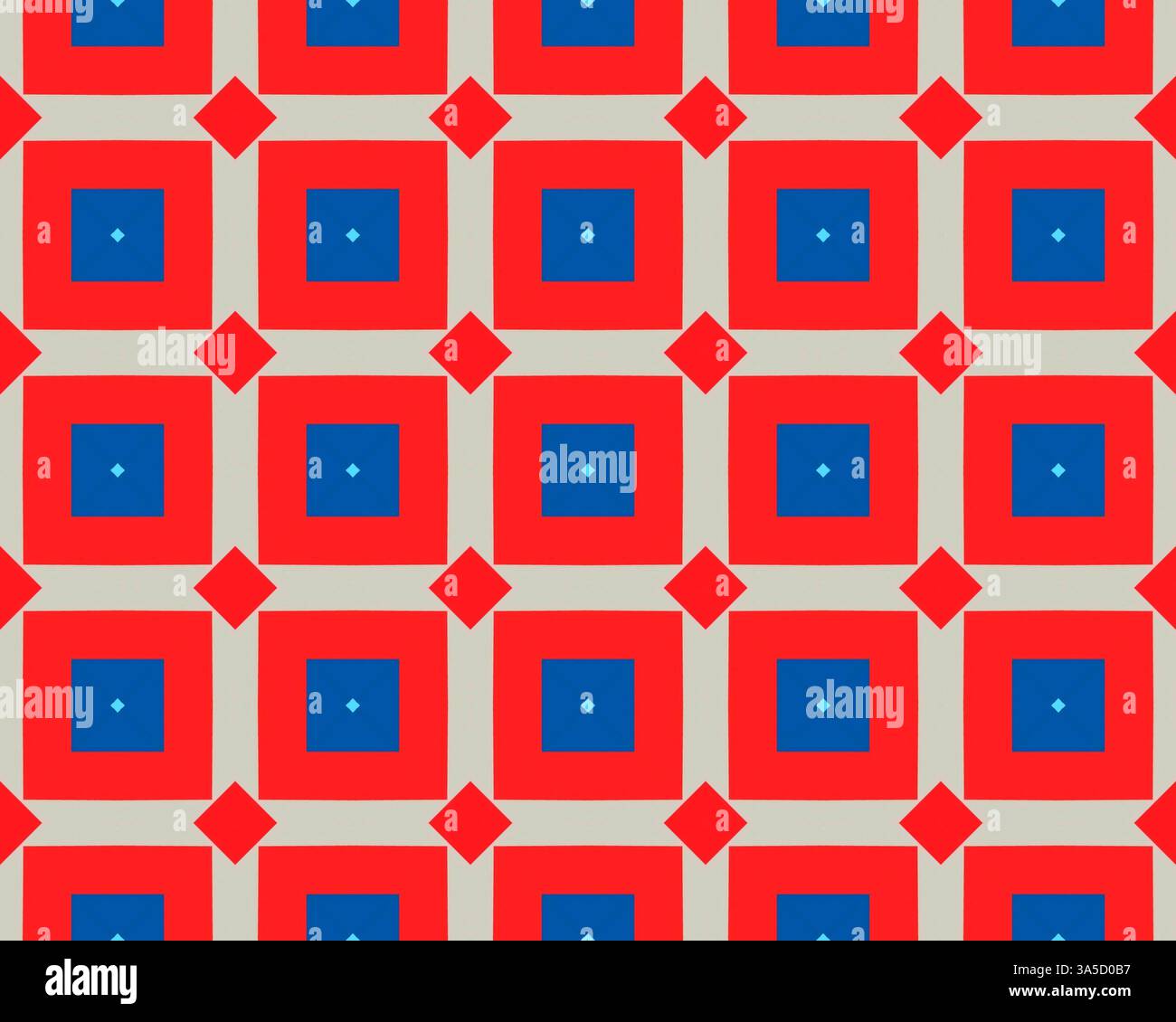 This design features a vibrant pattern of red and blue squares on a cream background, creating a ...