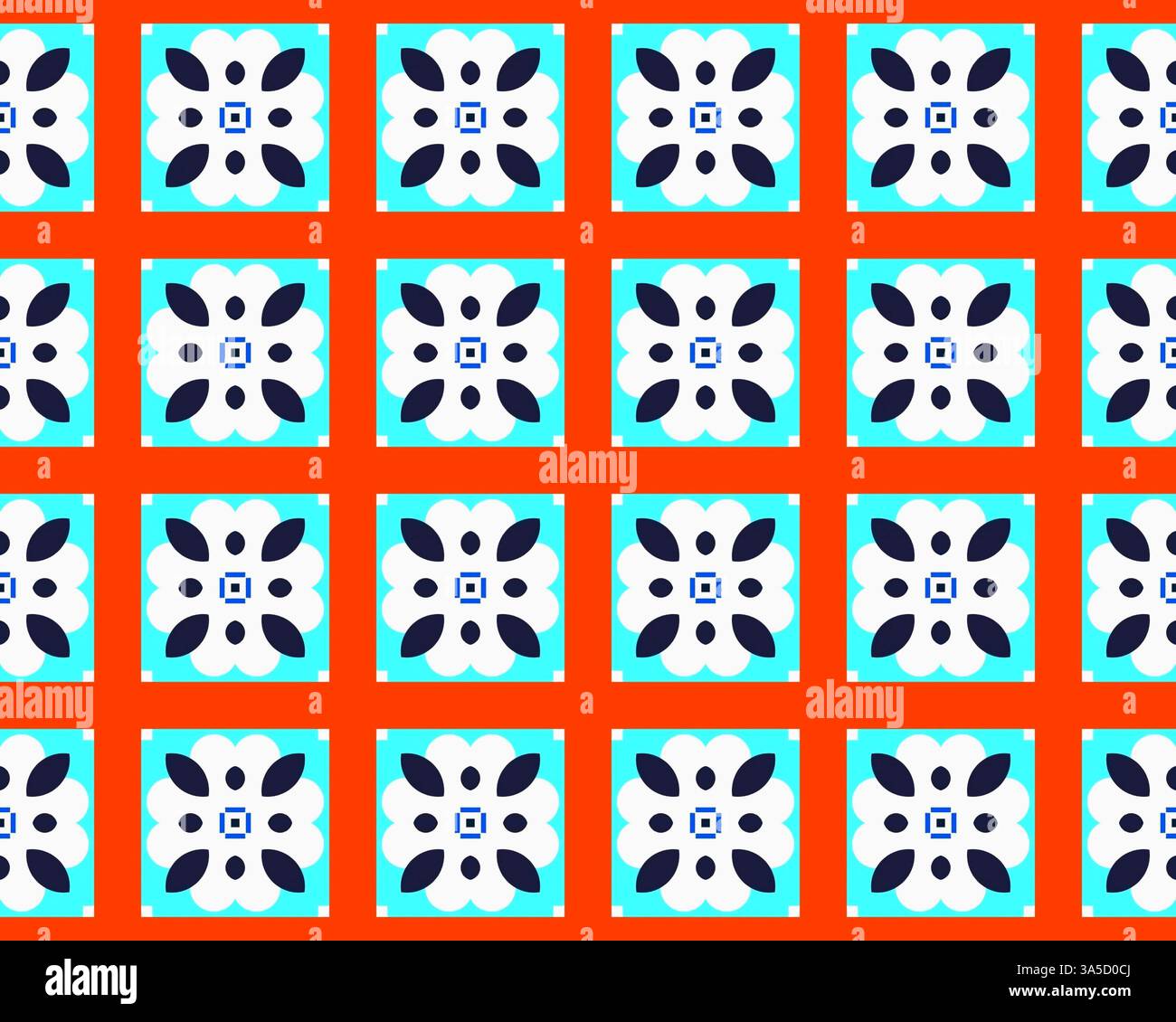 This seamless pattern incorporates bold flowers and geometric shapes in ...