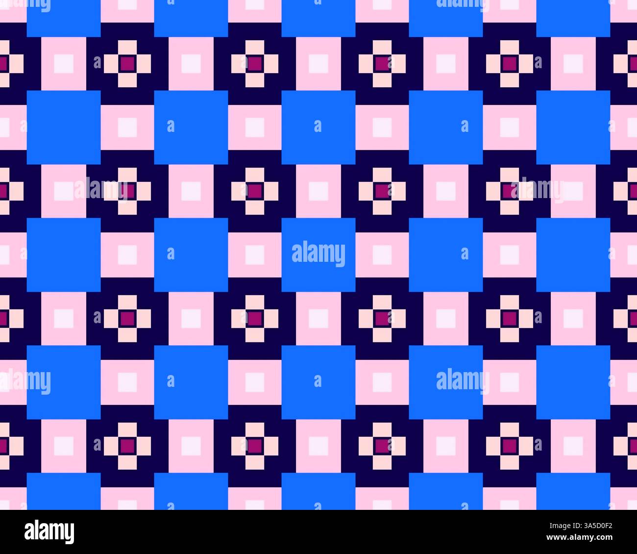 This vibrant pattern features blue and pink geometric shapes, creating ...