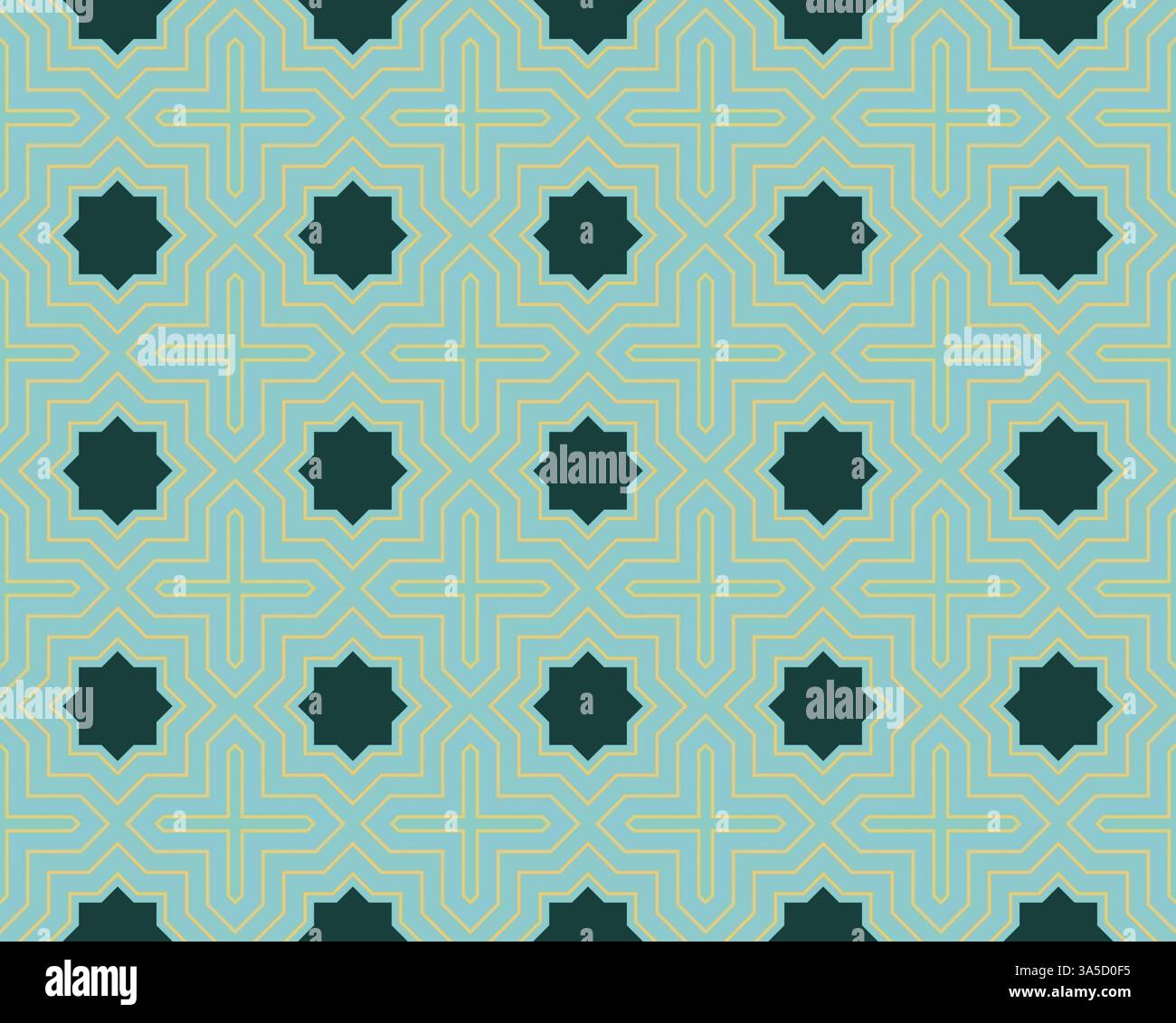 This seamless pattern showcases intricate star shapes in dark green ...