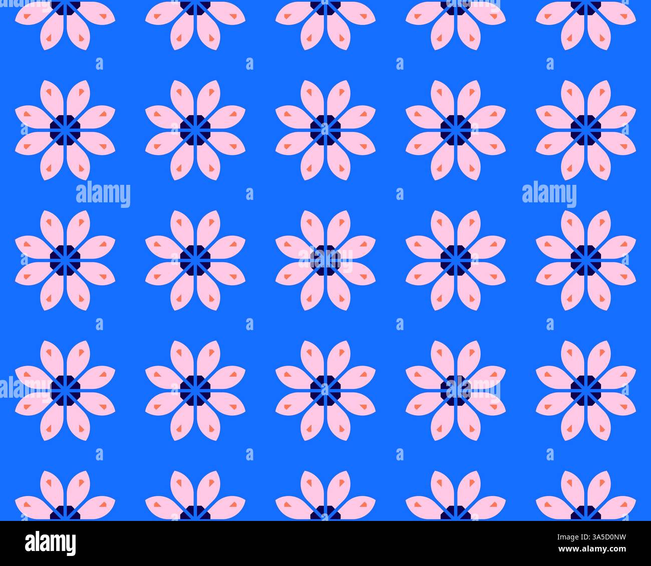 Bright blue backdrop showcases a repeating floral pattern with pink ...