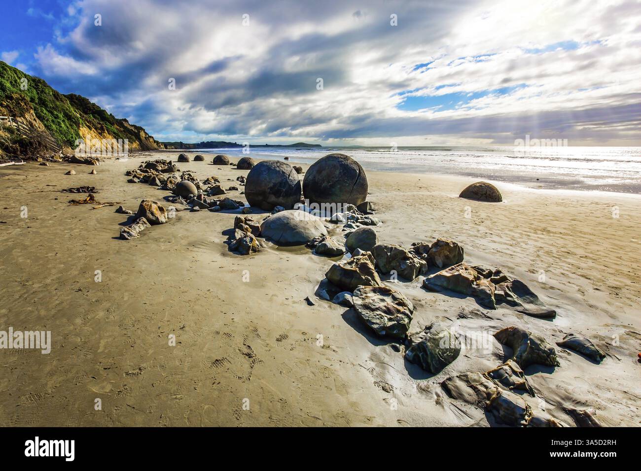Sunny day on the beach. Low tide in the Pacific. Series of mysterious ...