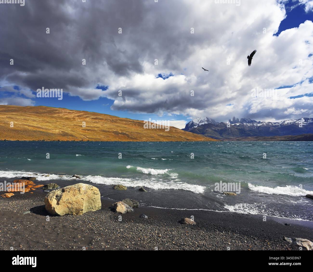 Storm begins. Strong wind drives the clouds and high waves on Lake ...