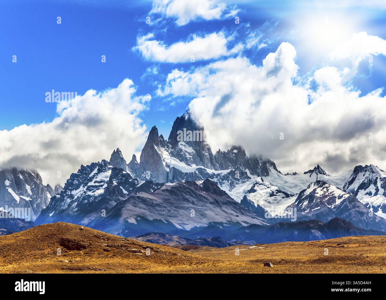 The famous ridge Mount Fitz Roy and the Patagonian prairie. Argentine ...