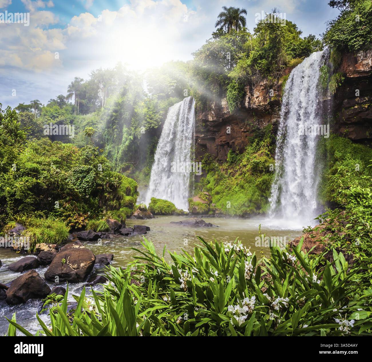 Two rapid waterfalls from the Iguazu Falls. Hot tropical sun ...