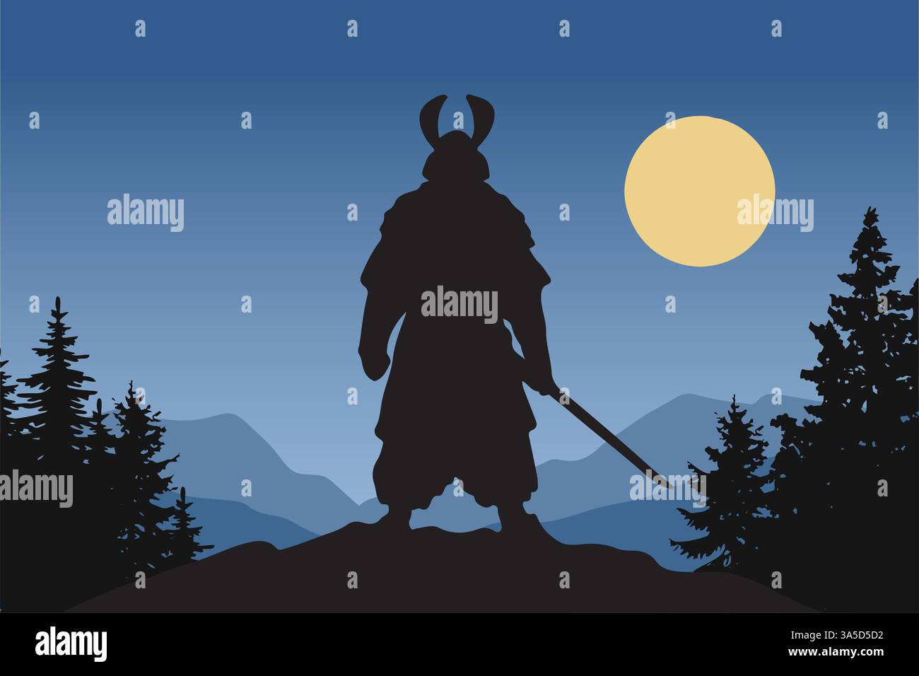 Japanese samurai silhouette illustration is ready on the mountain under ...