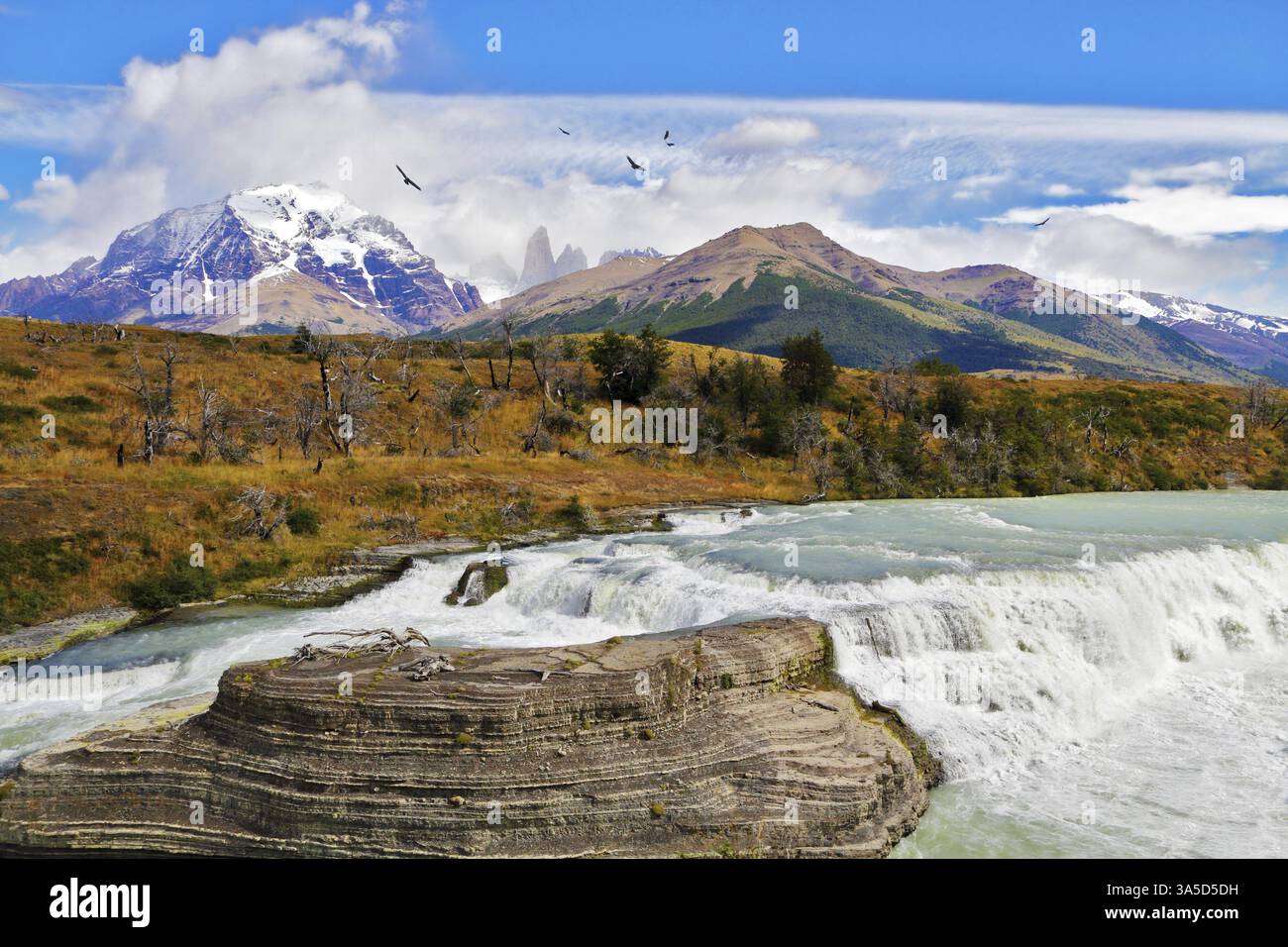 South of Chile. Scenic powerful and high-water waterfall Cascades Paine ...