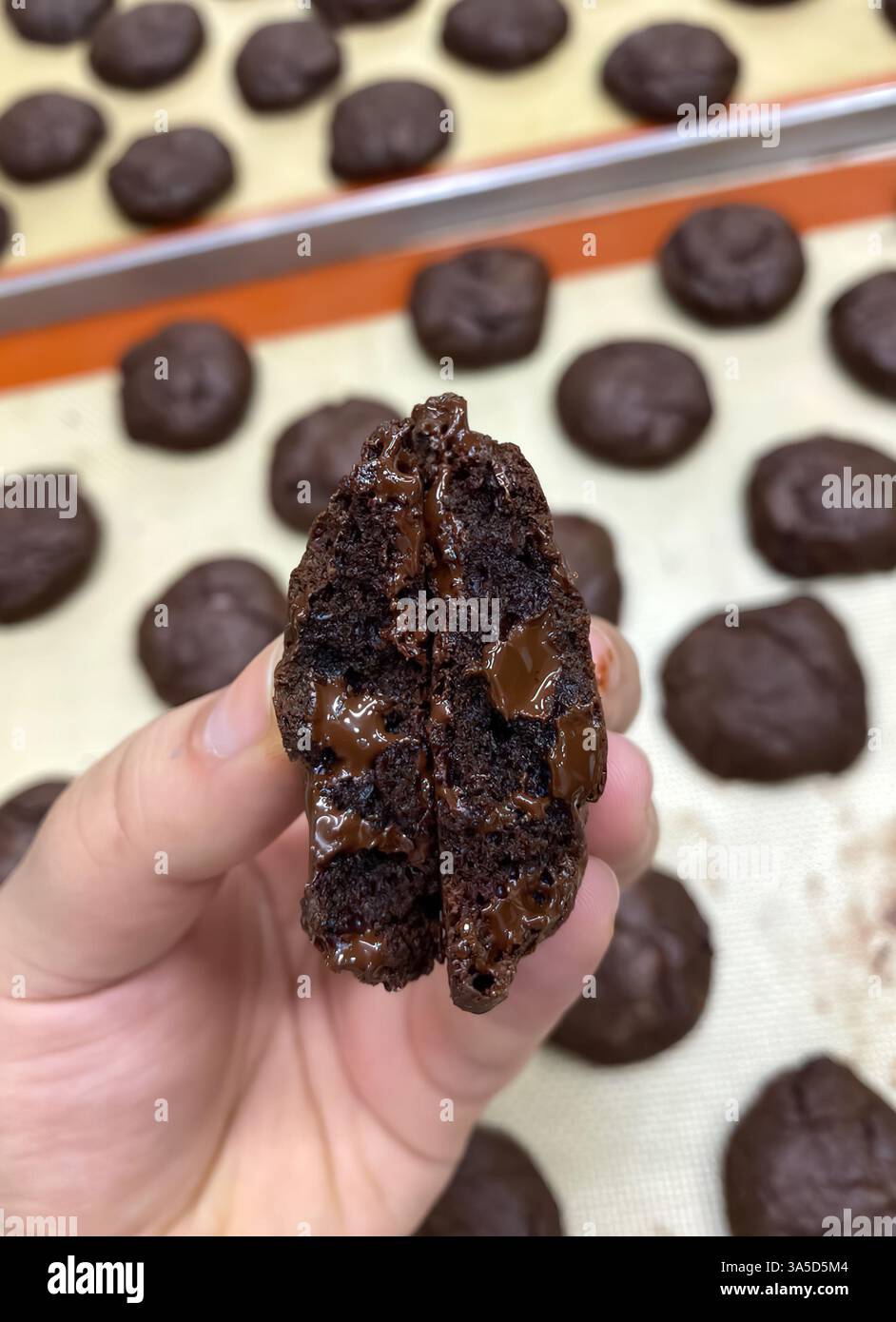 Close-up of a hand holding a freshly baked chocolate cookie split in ...
