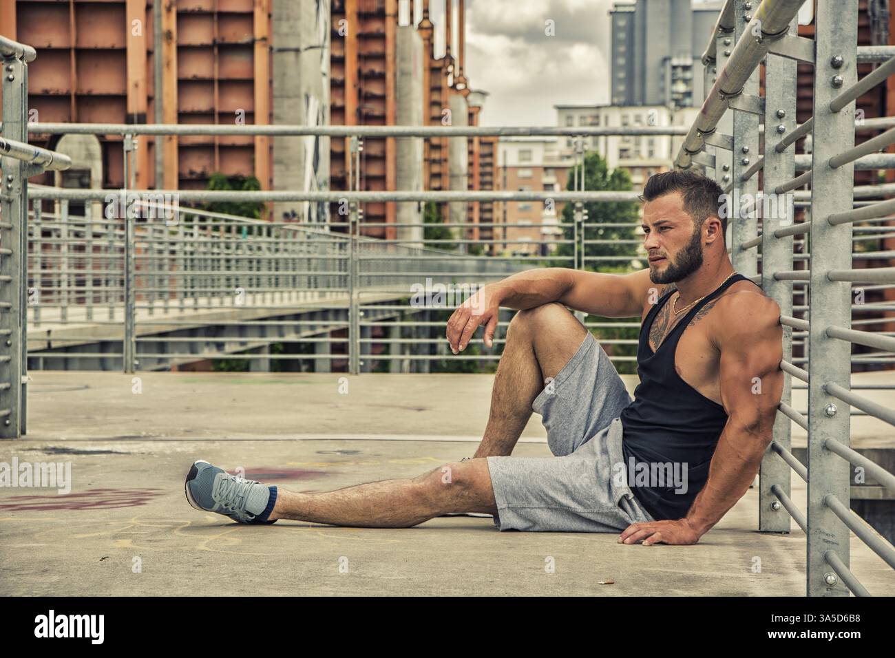 Handsome Muscular Hunk Man Outdoor in City Setting. Showing Healthy ...