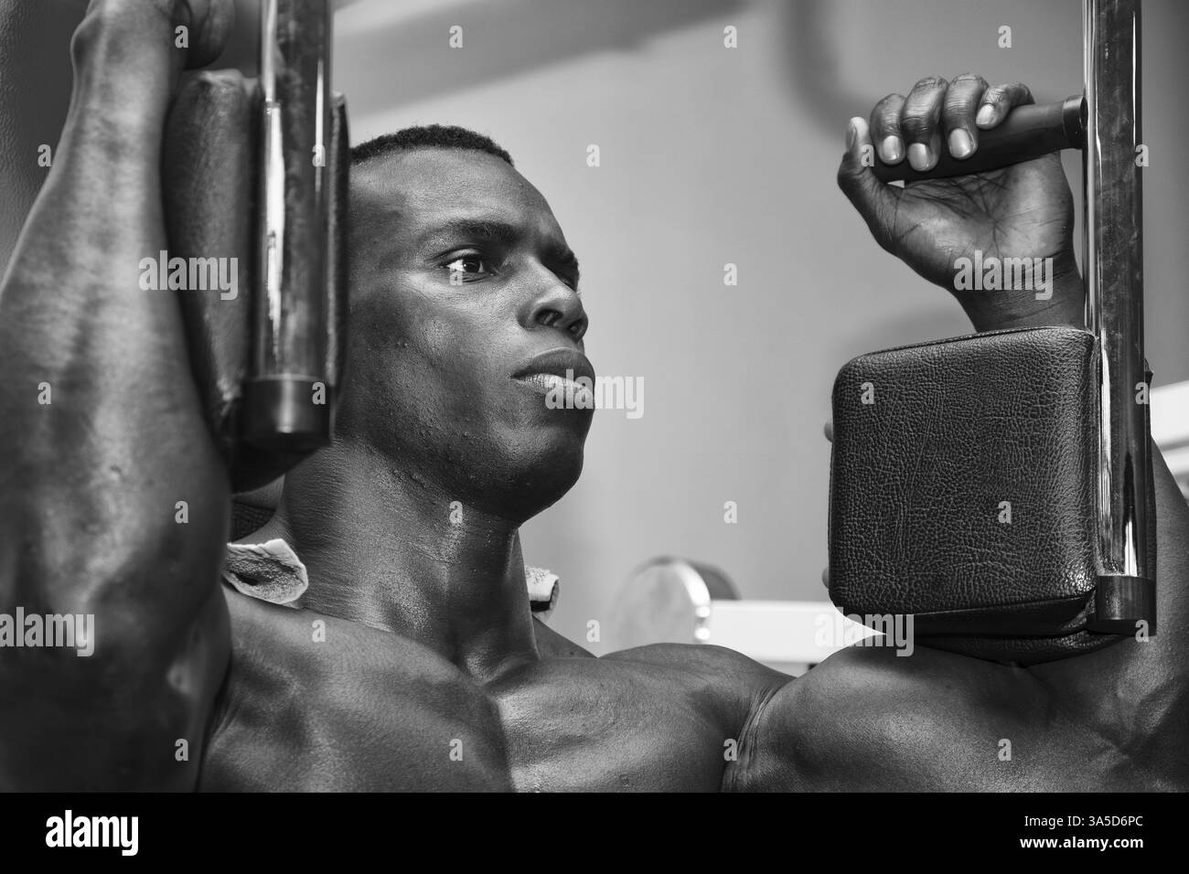 Hunky muscular black bodybuilder working out in gym, exercising pecs on ...