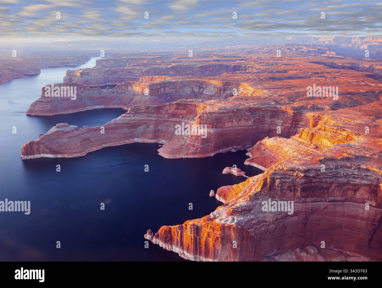 Landscape under the wing of an airplane. U.S. The coast of Lake Powell ...