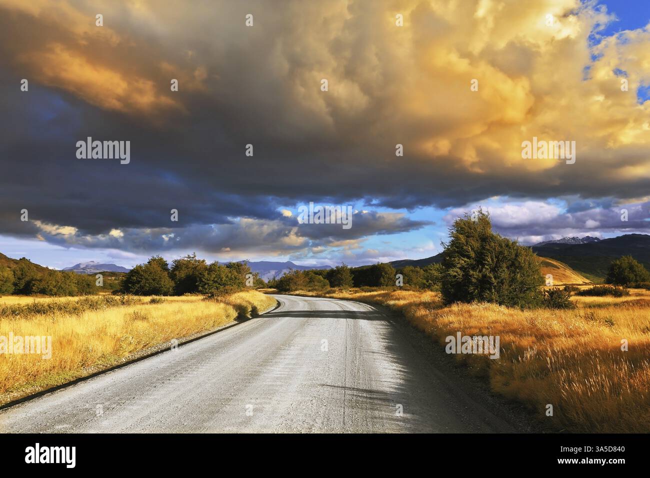 The huge cloud lit yellow-orange rays of sunset. Gravel road through ...