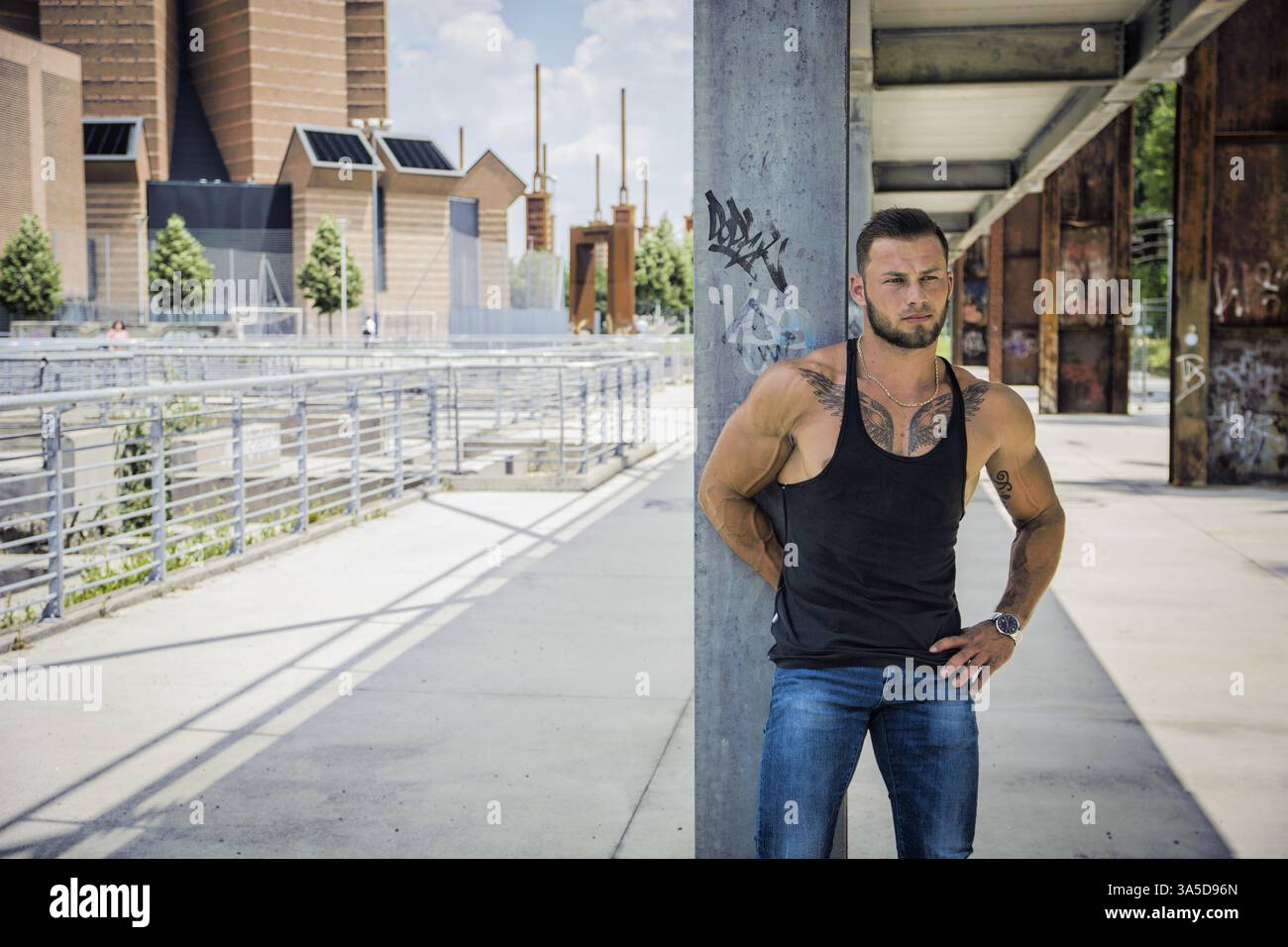 Handsome Muscular Hunk Man Outdoor in City Setting. Showing Healthy ...