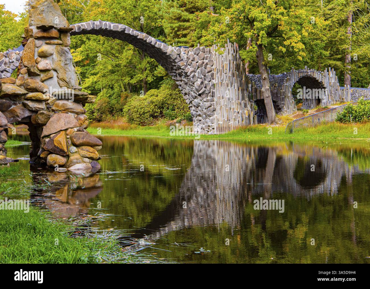 The Devil's Bridge, Park Kromlau, Germany. The basalt columns of the ...