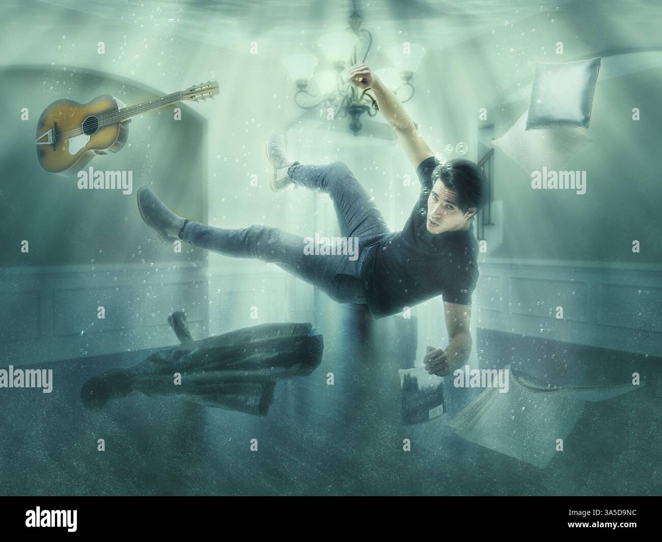 Illusion of man floating underwater among objects in room looking at ...
