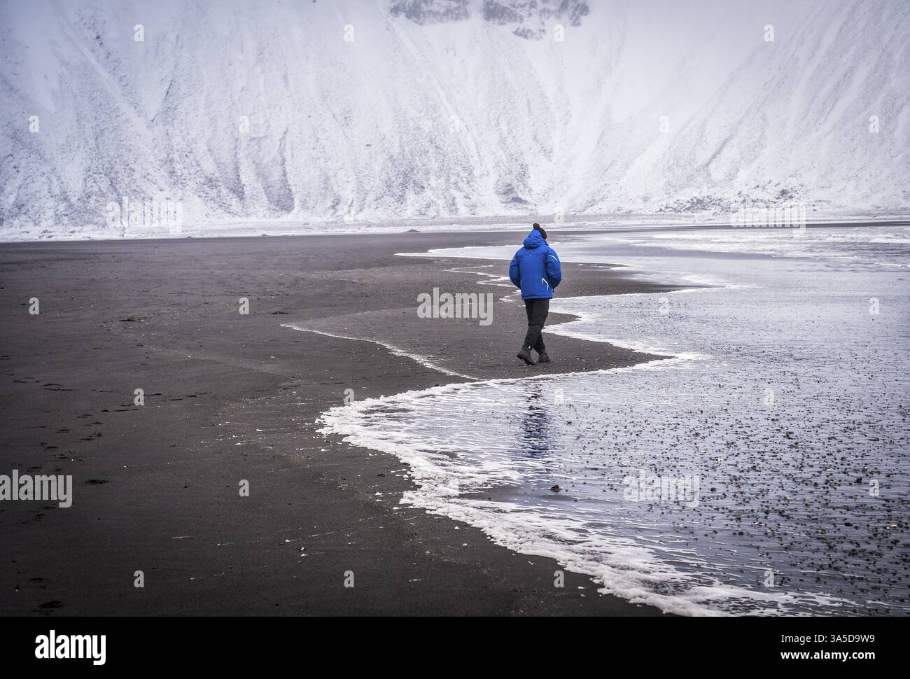 Full body back view of unrecognizable male explorer in blue warm jacket ...