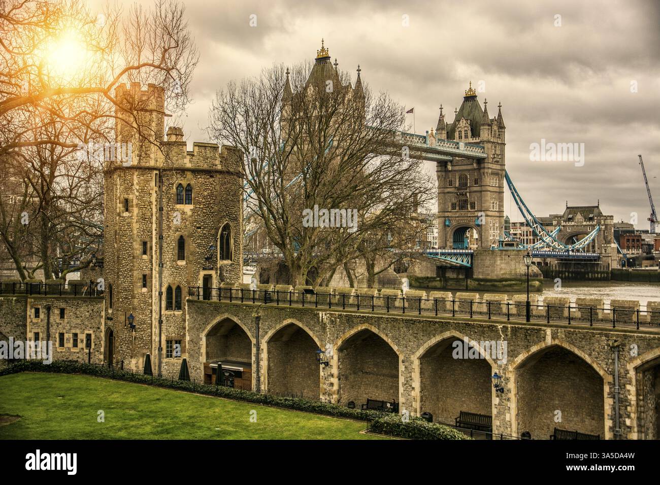 The Tower Bridge in London view in the sunset lights. Horizontal ...