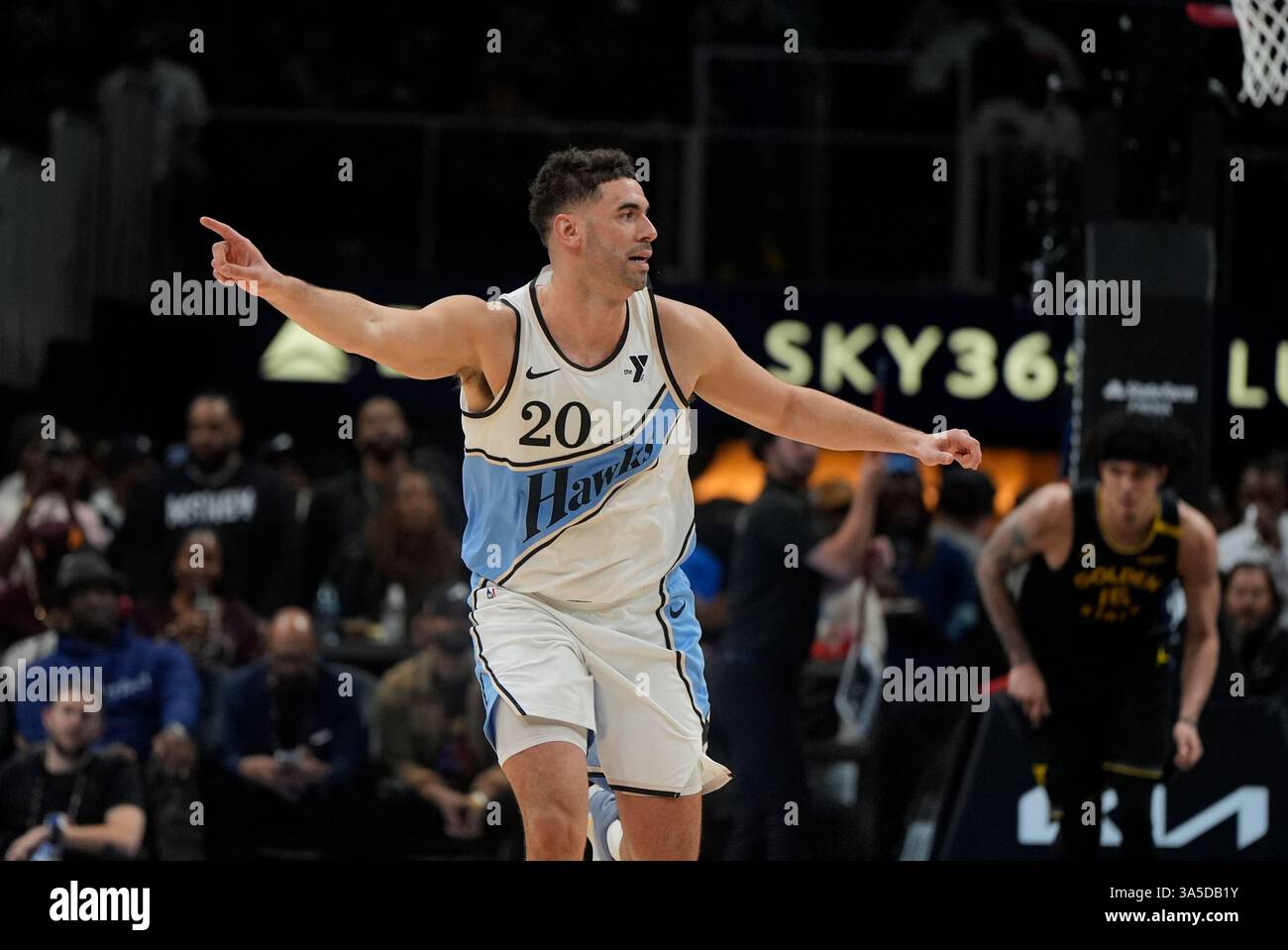 Atlanta Hawks forward Georges Niang (20) moves against the Golden State Warriors during the ...