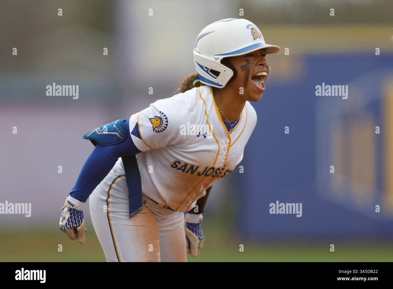 San Jose State batter Ahmiya Noriega (4) reacts after hitting a triple ...